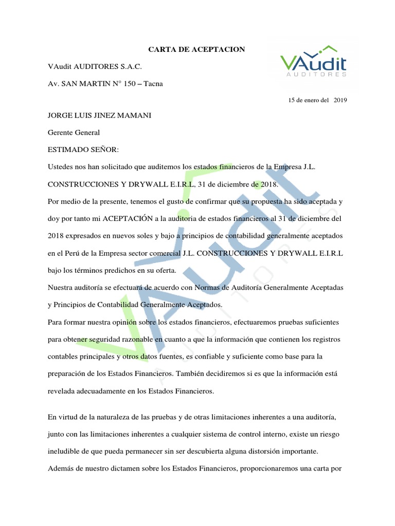 Carta De Aceptación De Auditoría Pdf Auditoría Contabilidad