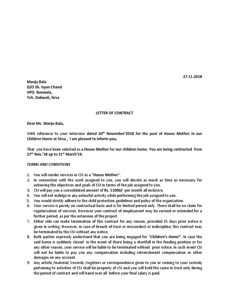 Contract Letter of House Mother | PDF | Contractual Term | Employment