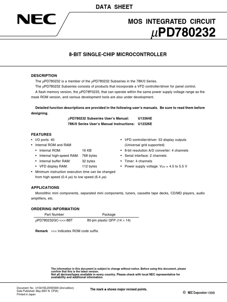 Mos Integrated Circuit: 8-Bit Single-Chip Microcontroller | PDF | Power Supply | Input/Output