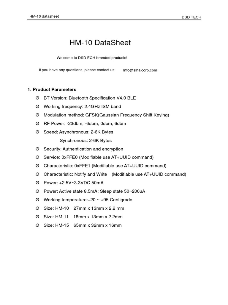 DSD TECH HM-10 Datasheet | Download Free PDF | Bluetooth | Parameter ...