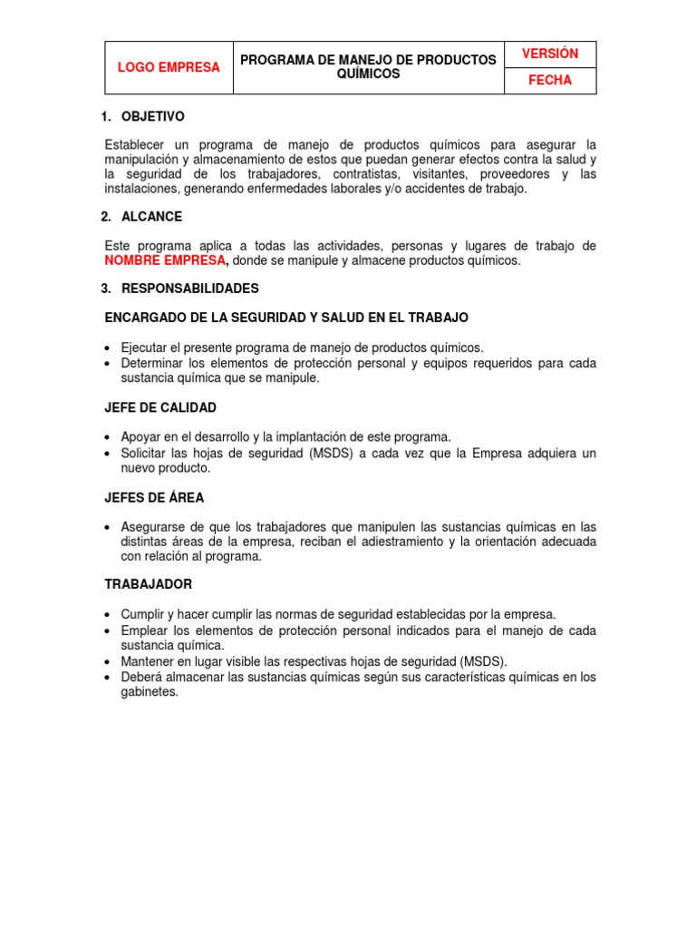 Programa de Manejo de Productos Químicos | PDF | Oxígeno | Combustión