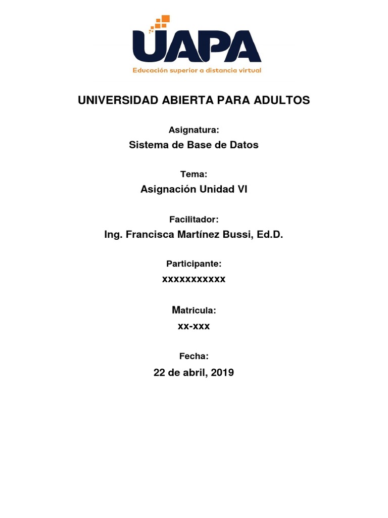 Tarea Tema 6 Base de Datos Uapa RGR | PDF | Modelo de datos | SQL