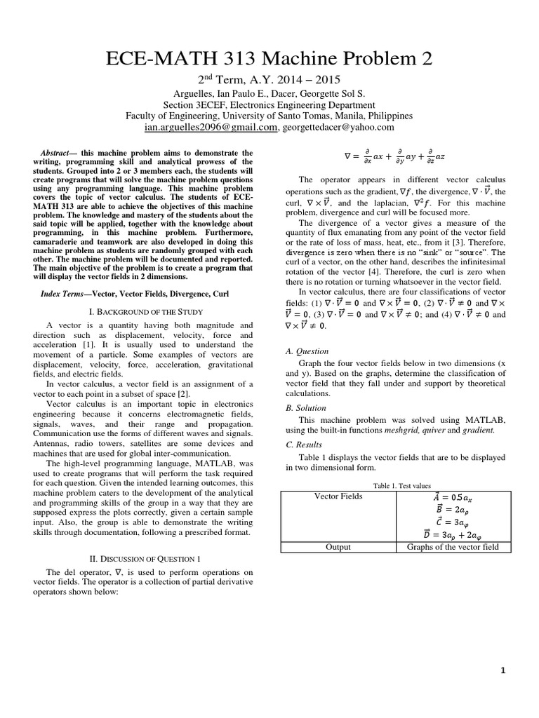 ECE-MATH 313 Machine Problem 2: 2 Term, A.Y. 2014 - 2015 | PDF | Euclidean Vector | Divergence
