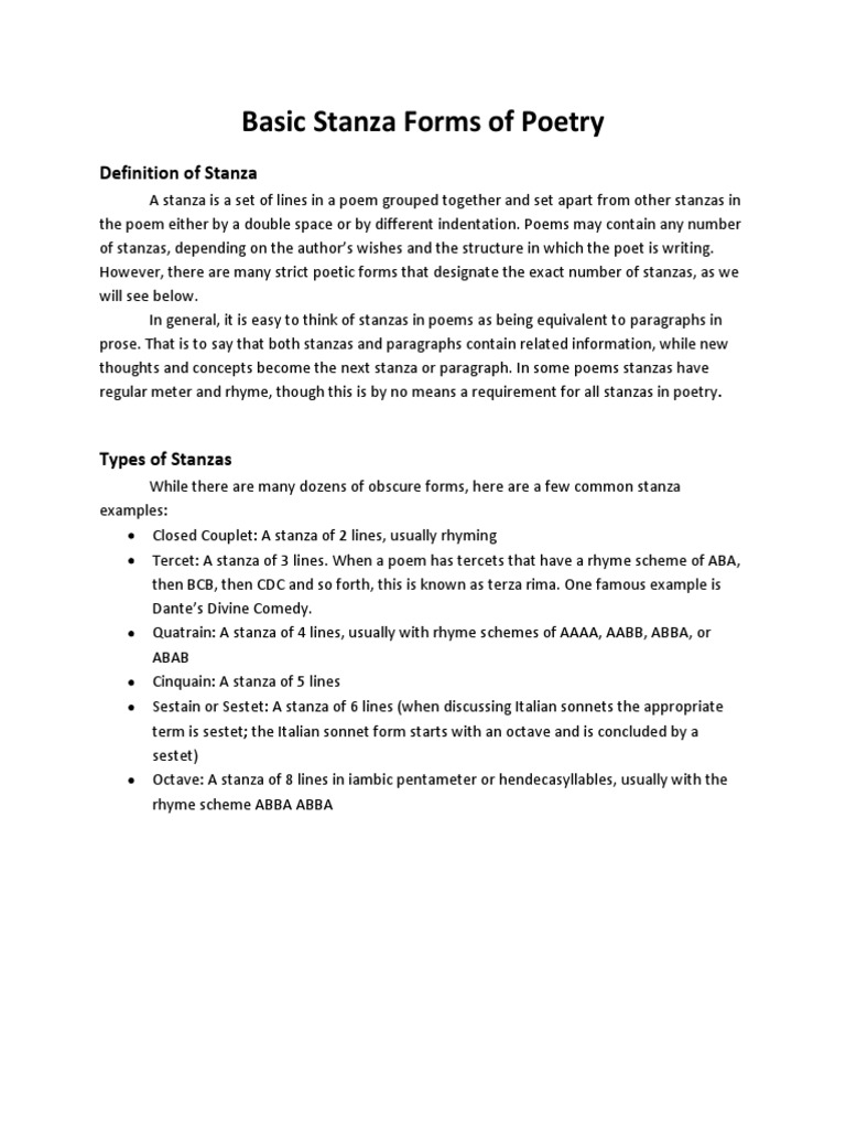 Basic Stanza Forms of Poetry PDF | PDF | Sonnets | Poetry