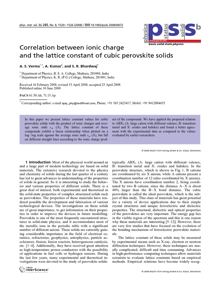 Correlation Between Ionic Charge and The Lattice Constant of Cubic Perovskite Solids | PDF ...