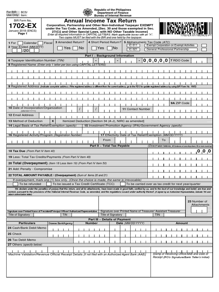 BIR Form 1702-EX: Tax Return Guide | PDF | Tax Deduction | Taxation In ...