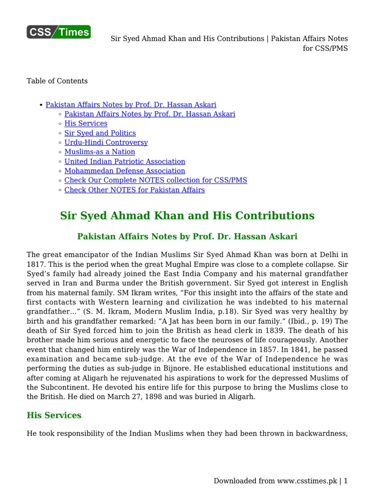 Sir Syed Ahmad Khan and His Contributions - Pakistan Affairs Notes For ...