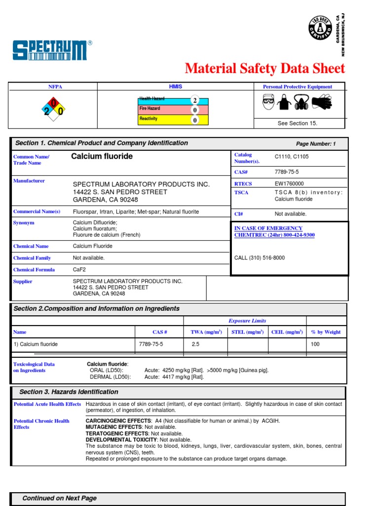 CaF2 MSDS | PDF | Fluoride | Toxicity