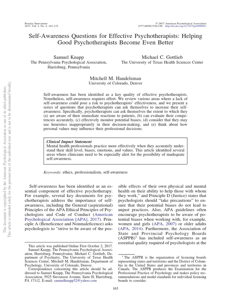 Self Awareness Questions For Effective Psychotherapist | PDF | Self ...