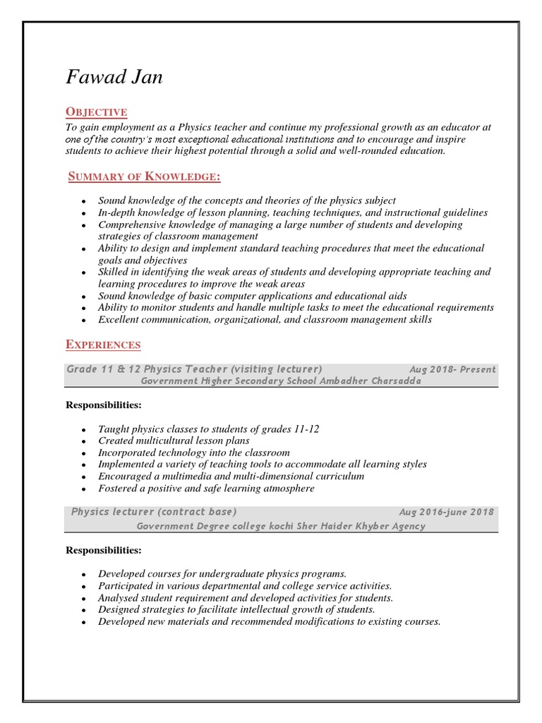 Physics Teacher CV | PDF | Classroom Management | Physics