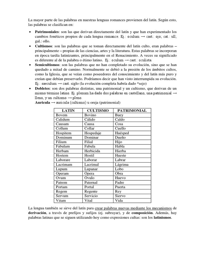 Cultismos, Semicultismos y Patrimoniales | PDF | latín | Idiomas