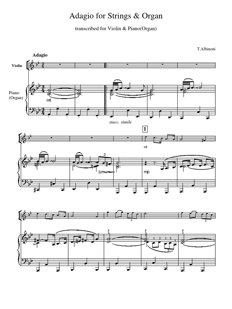 Albinoni's Adagio for Violin & Piano | PDF | Classical Music | Musical ...