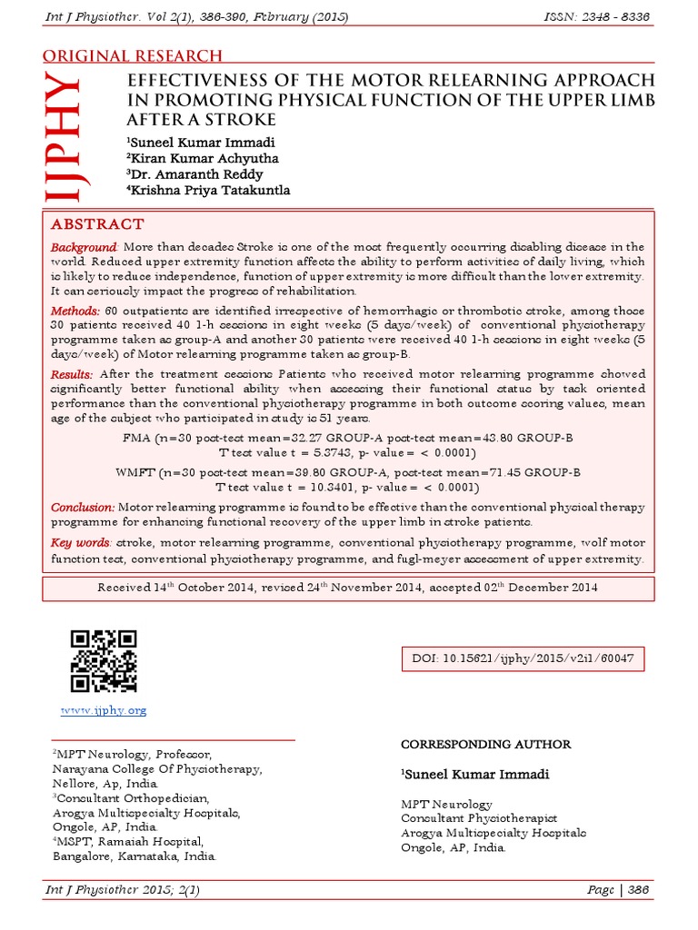 Effectiveness of The Motor Relearning Approach | PDF | Stroke | Physical Therapy