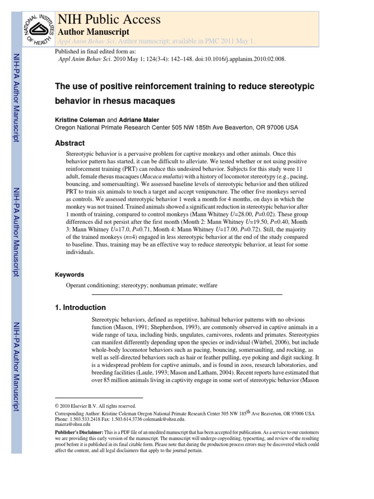 The Use of Positive Reinforcement Training To Reduce Stereotypic ...
