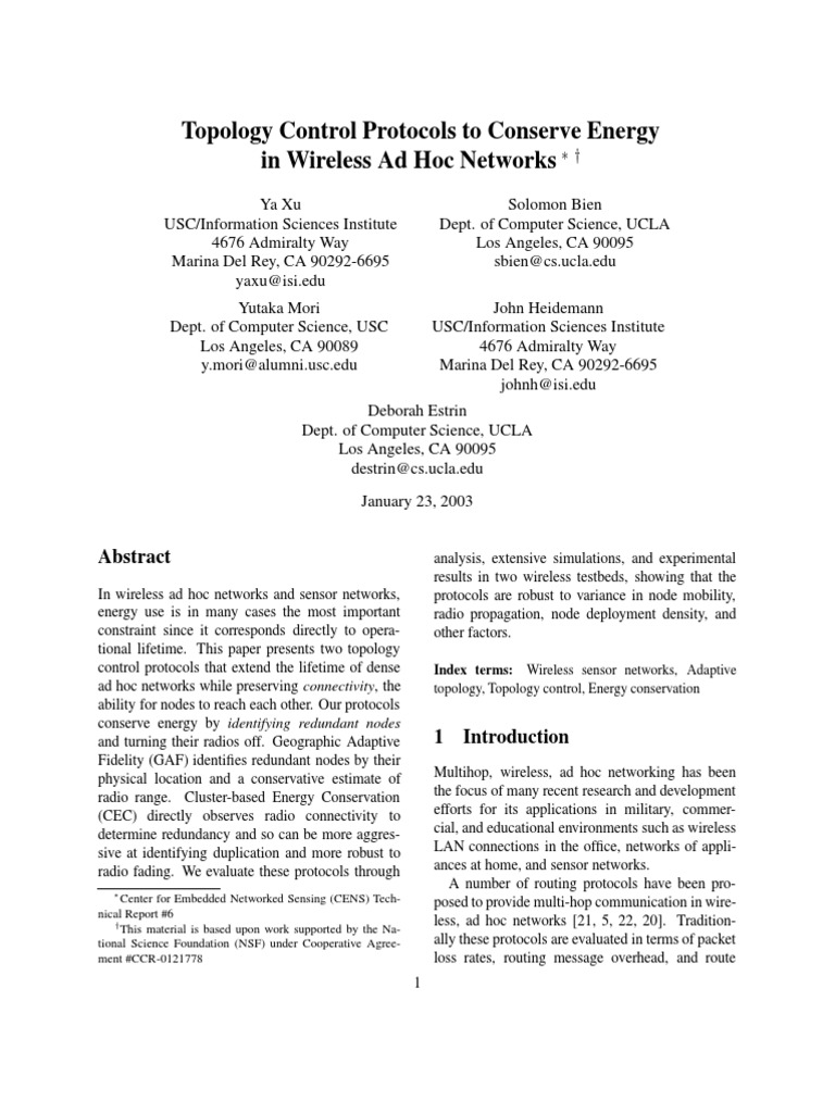 Topology Control Protocols To Conserve Energy in Wireless Ad Hoc Networks | PDF | Wireless Ad ...