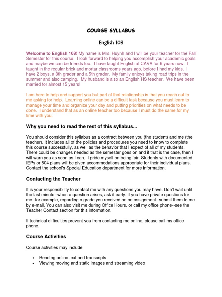 English 108 Syllabus | PDF | Plagiarism | Academic Integrity