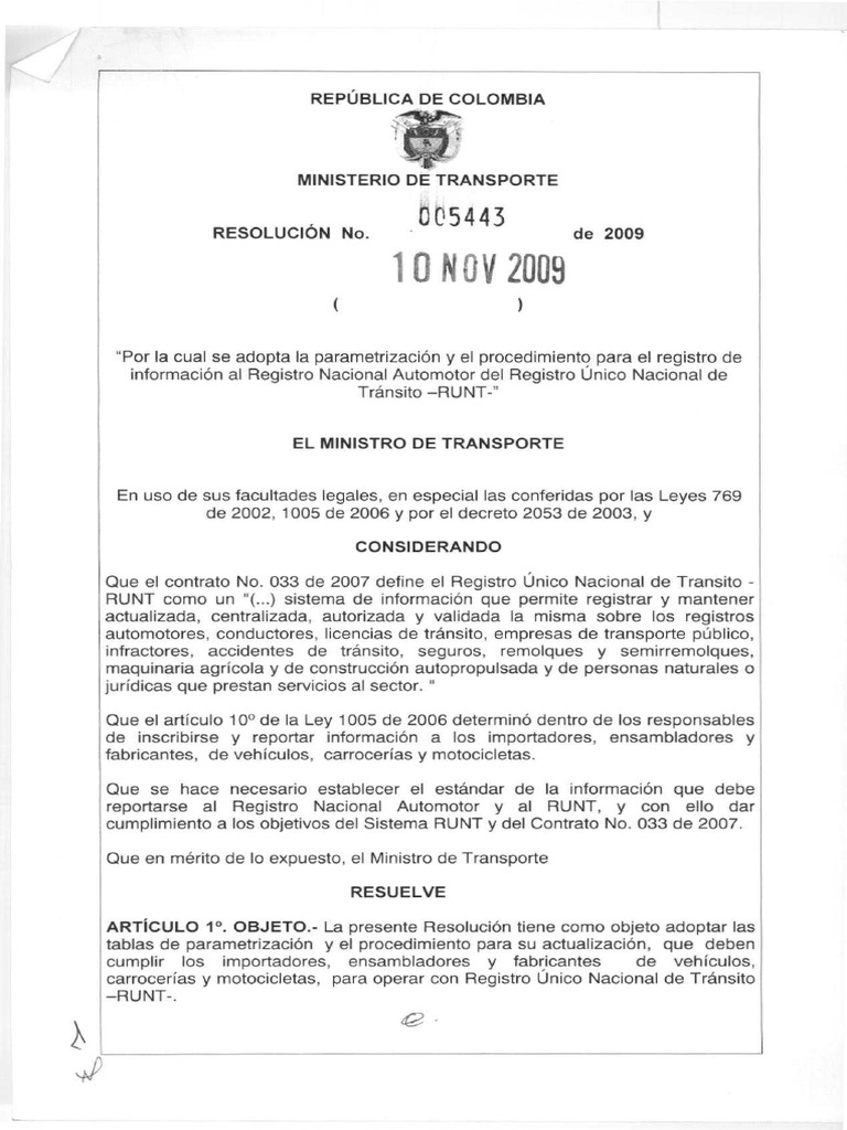 RUNT - Resolución 5443 - 2009 PDF | PDF