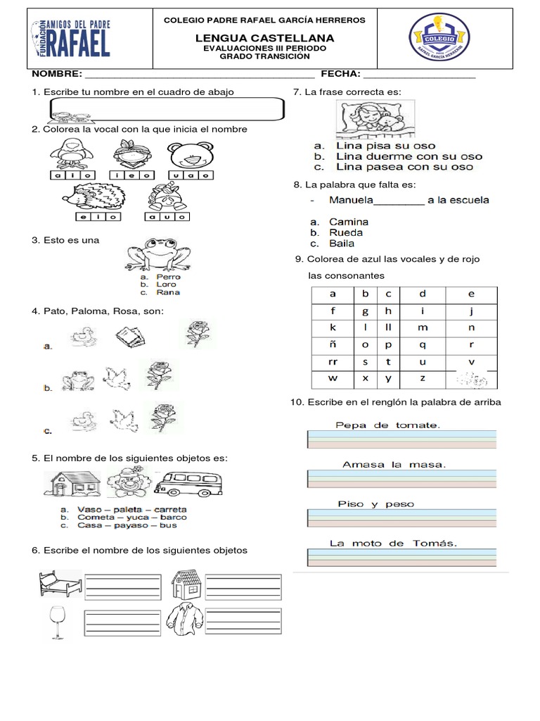 Evaluacion Lengua Castellana 3 Periodo Transición | PDF