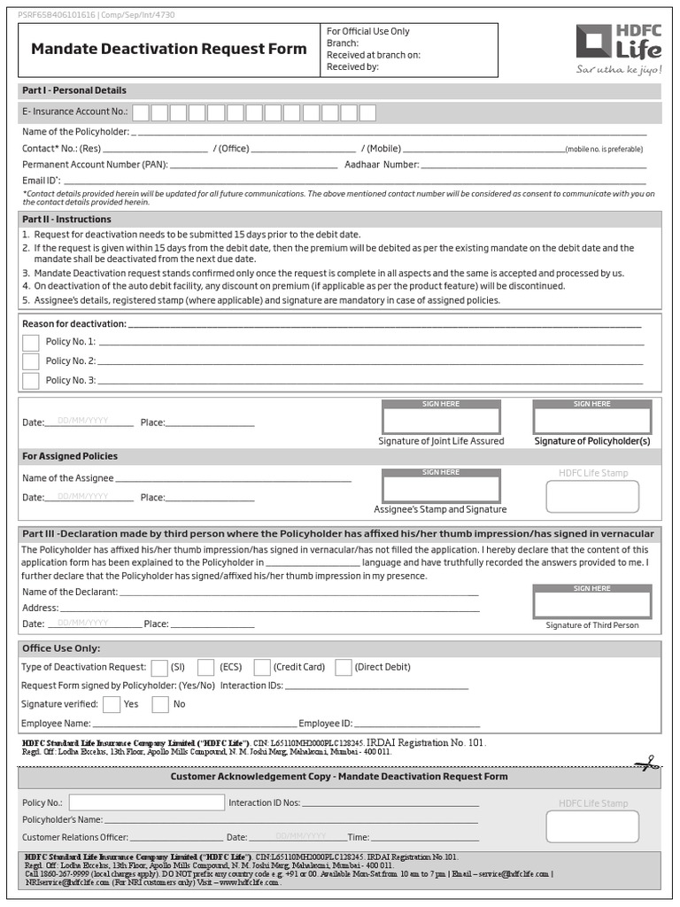 Mandate Deactivation Request - Form | PDF | Insurance | Financial Services