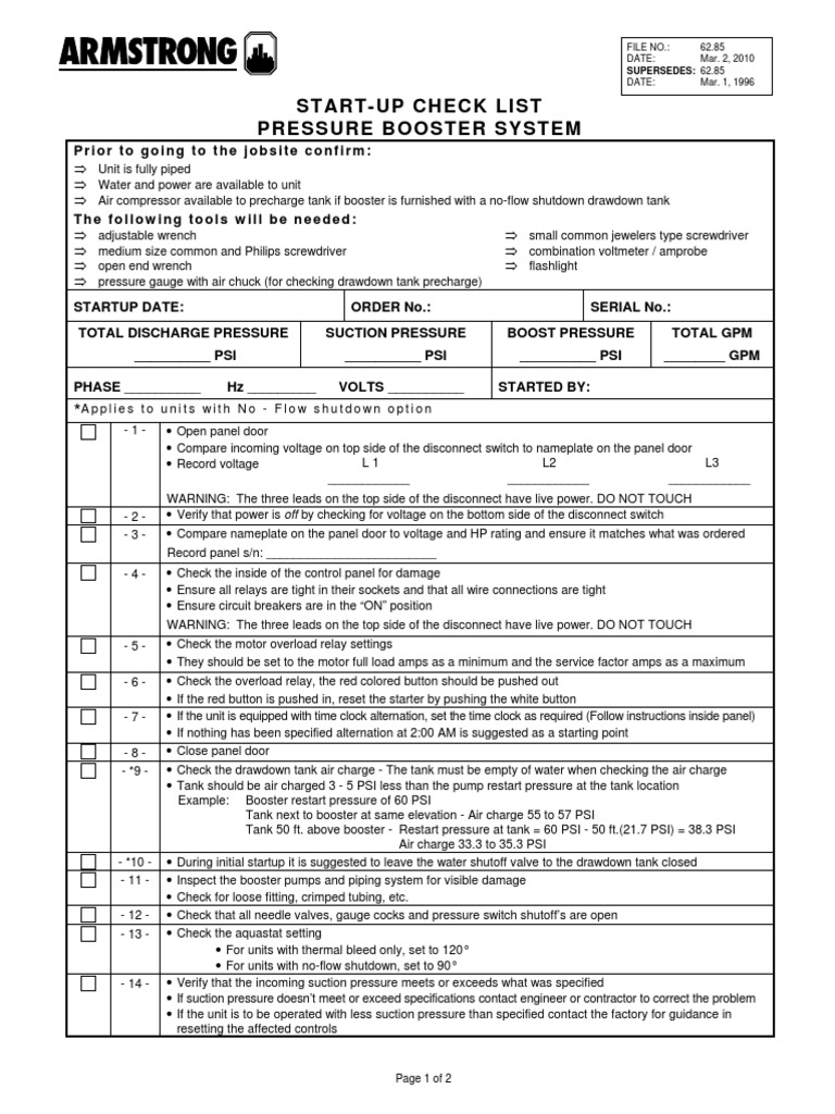 62 85 Booster Startup Checklist | PDF | Tap (Valve) | Pump