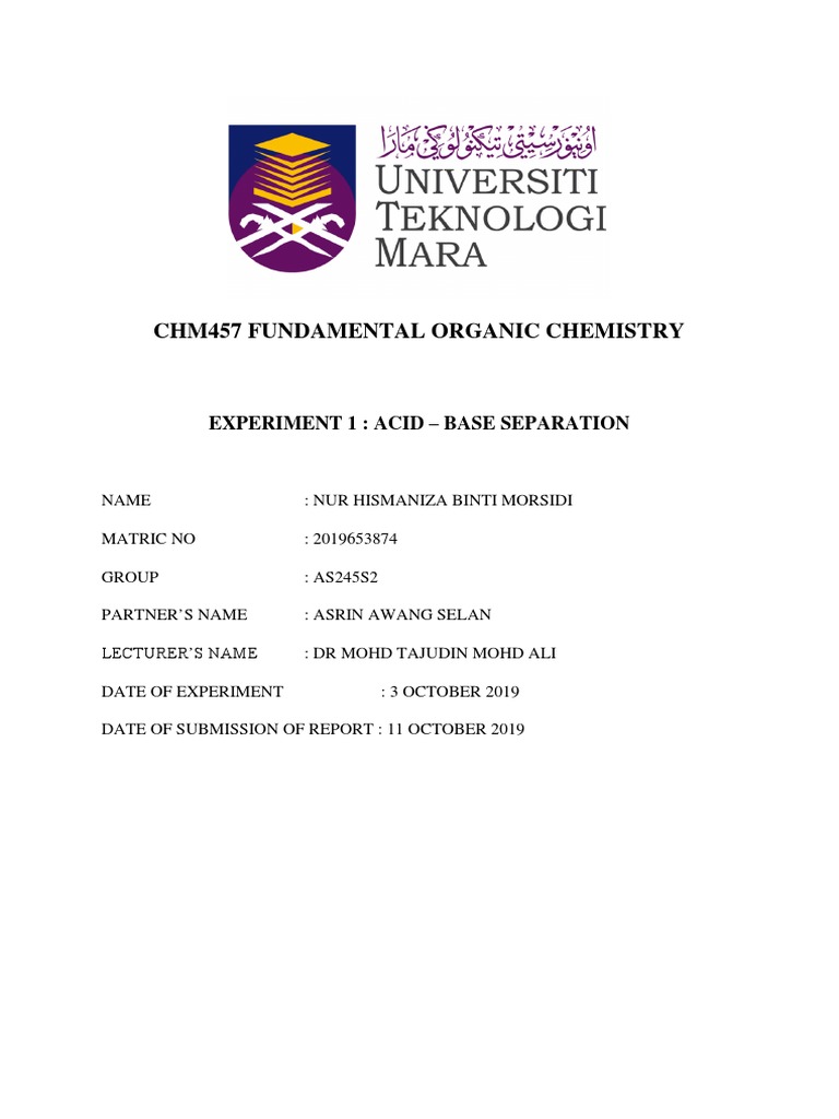 Chm457 Fundamental Organic Chemistry: Experiment 1: Acid - Base ...