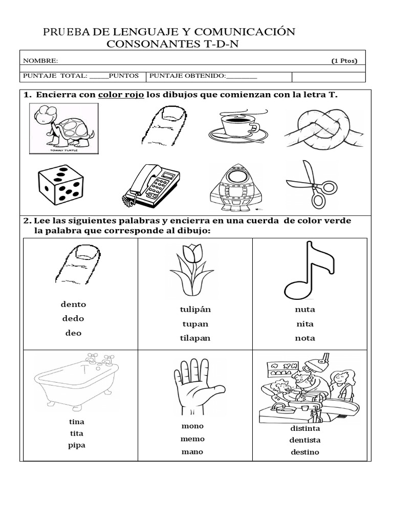 PRUEBA LETRAS T, D, N - 1° Basico | PDF