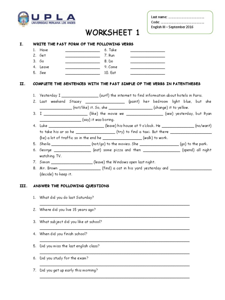 Worksheet 1: I. Write The Past Form of The Following Verbs | PDF ...