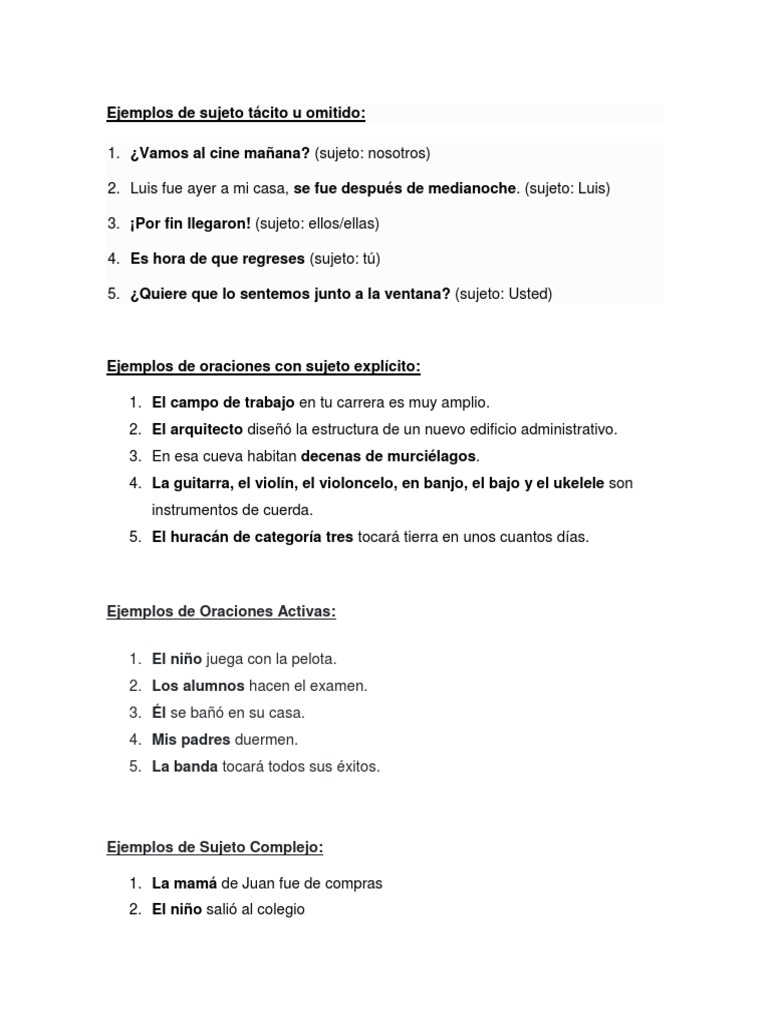 Ejemplos de oraciones con sujeto tácito | PDF | Asunto (gramática)