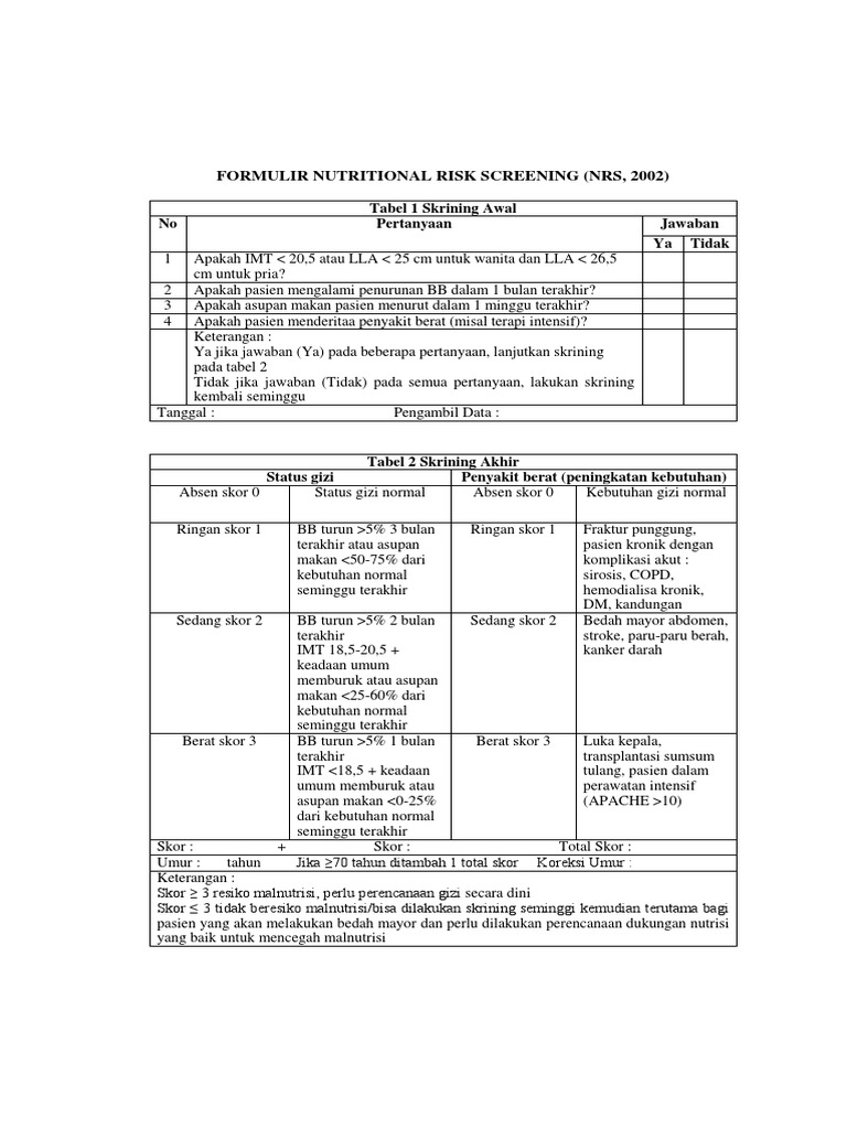 Skrining Risiko Nutrisi NRS 2002 | PDF