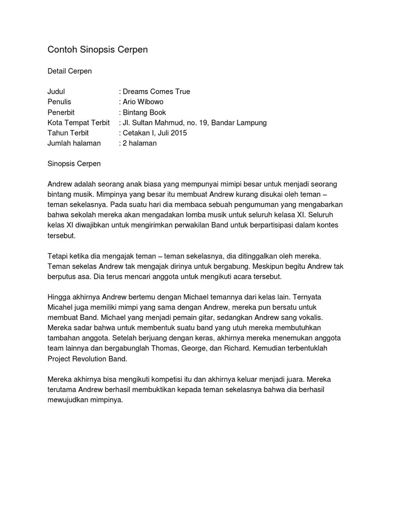 Contoh Sinopsis Cerpen | PDF