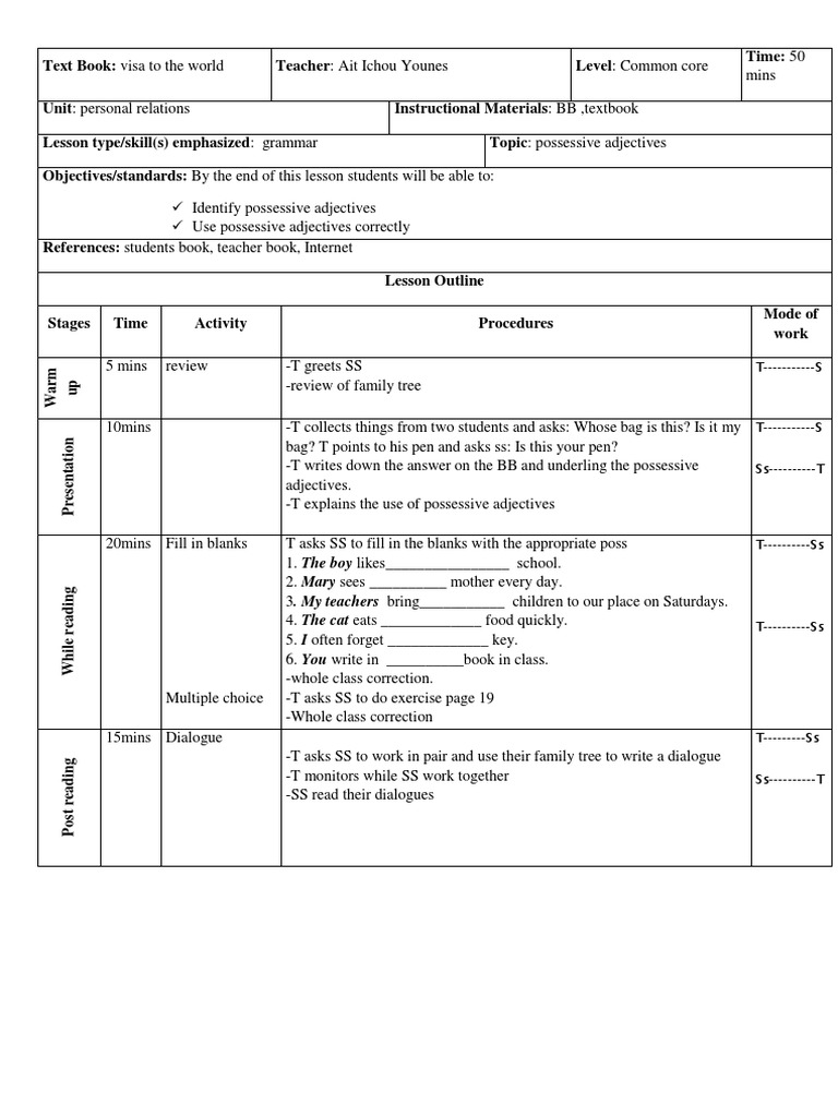 Possessive Adjectives Lesson Plan | PDF | Textbook | Books