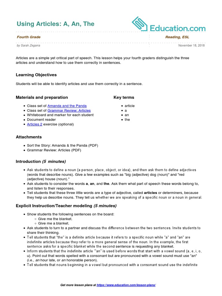 Teaching Articles: Lesson Plan for 4th Grade | PDF | Noun | Adjective