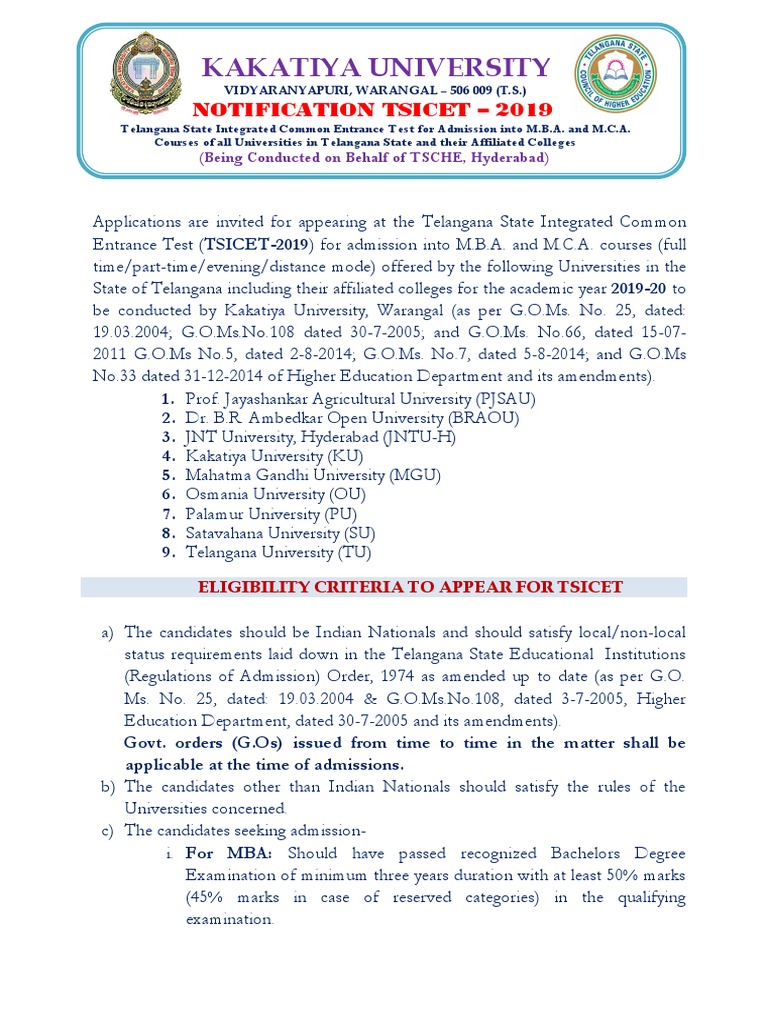 TSICET-2019 Admission Notification | PDF | University And College ...