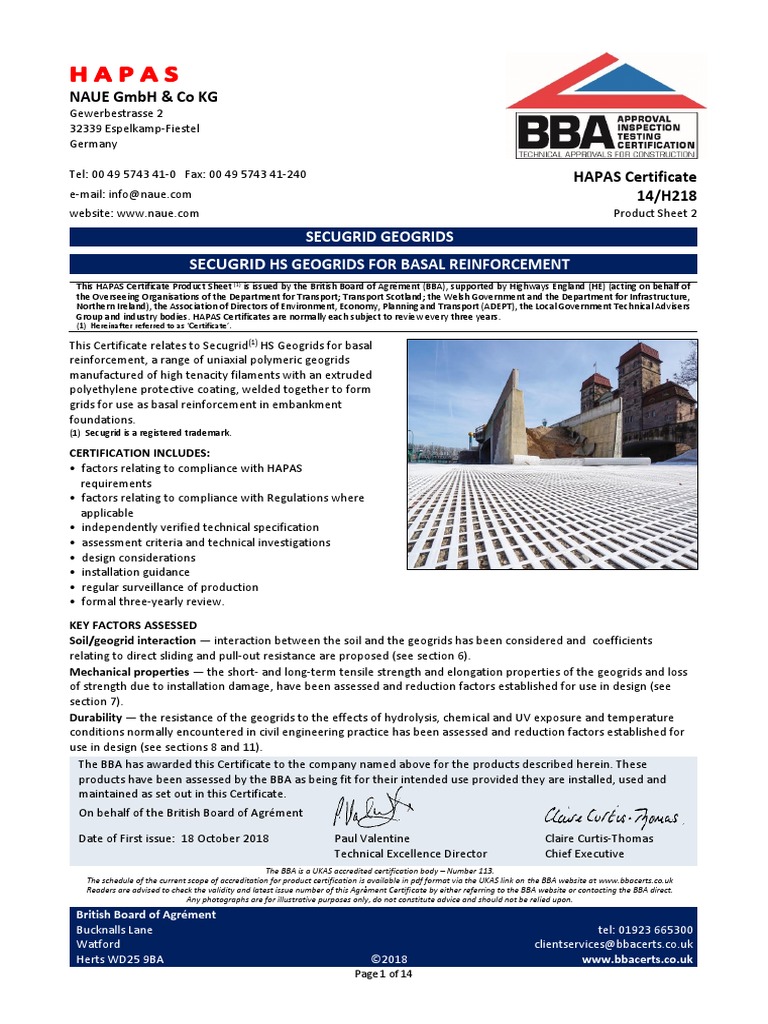 BBA Certificate 14-H218 Securegrid HS Geogrid For Basal Reinforcement ...