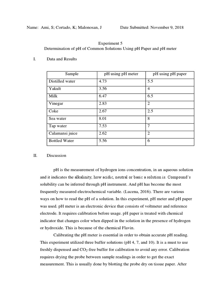 Determination of PH of Common Solutions Using PH Paper and PH Meter ...