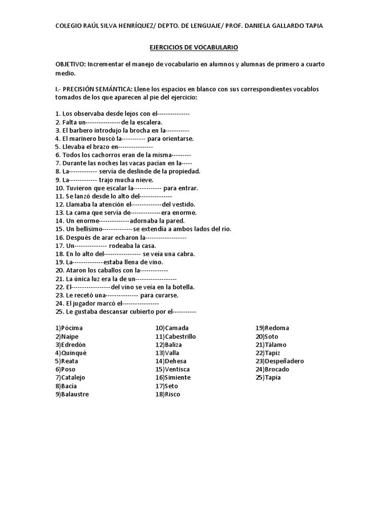 Ejercicios de Vocabulario Escolar | PDF | Alimentos