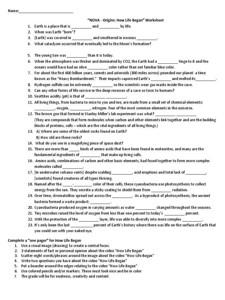 How Life Began: NOVA Worksheet Insights | PDF | Abiogenesis | Life