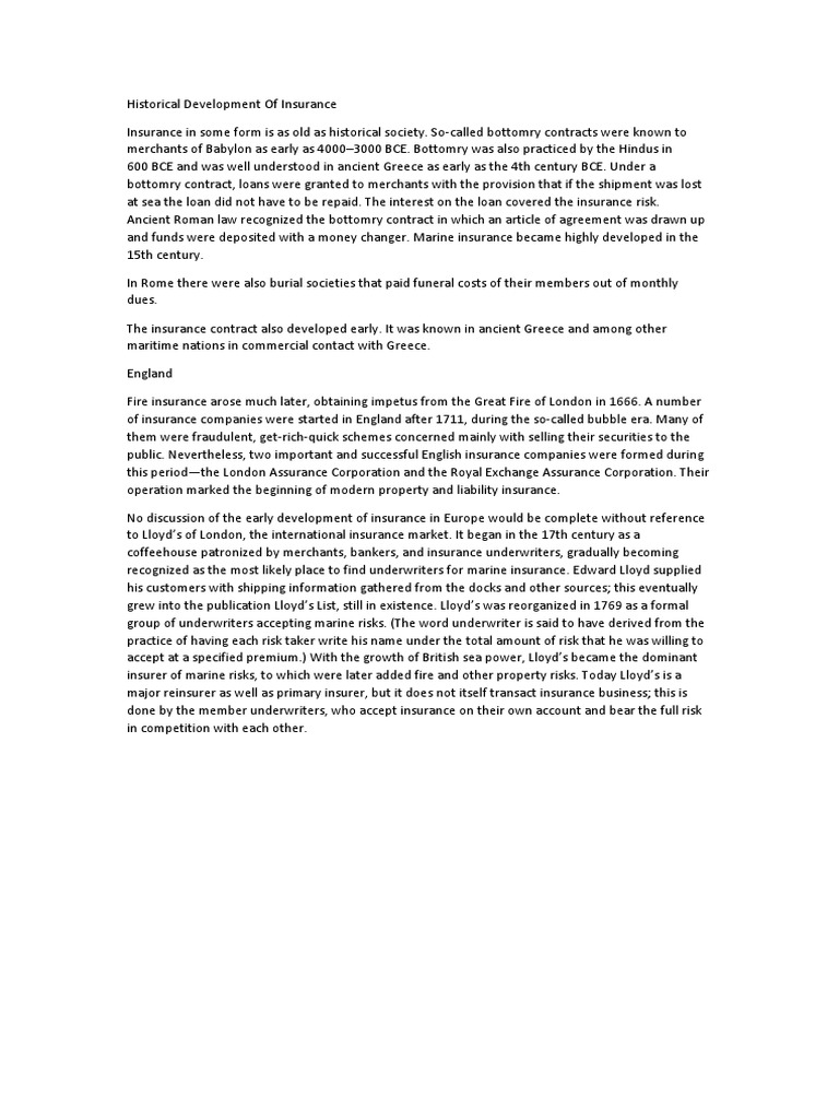 Historical Development of Insurance | PDF | Underwriting | Insurance