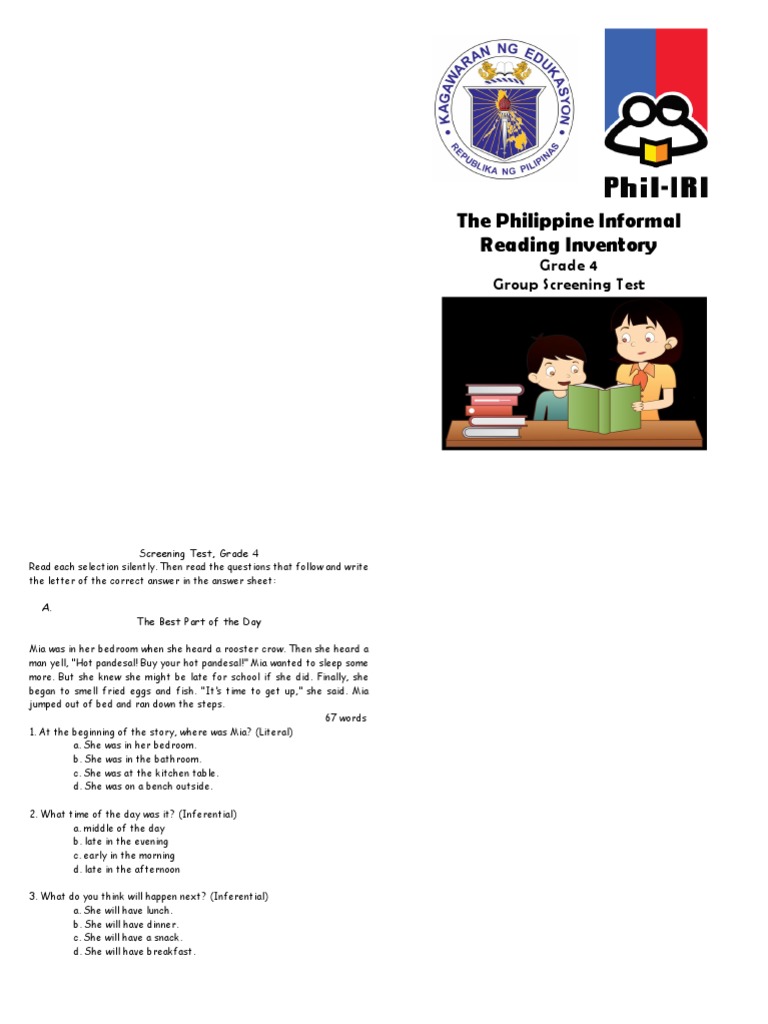The Philippine Informal Reading Inventory: Grade 4 Group Screening Test ...