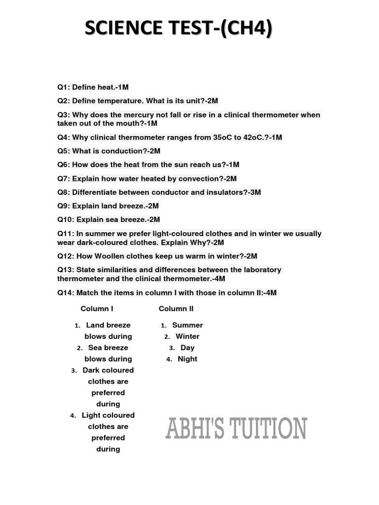 Science Test on Heat and Temperature Concepts | PDF | Science & Mathematics