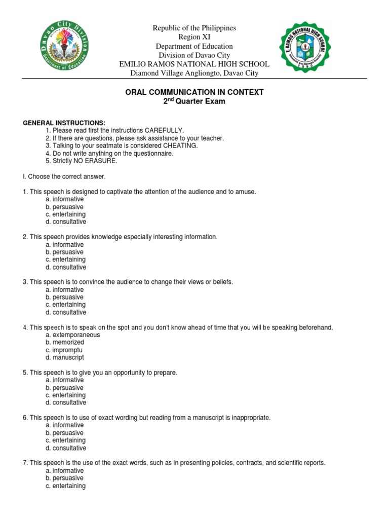 Oral Communication in Context 2 Quarter Exam | PDF | Communication ...