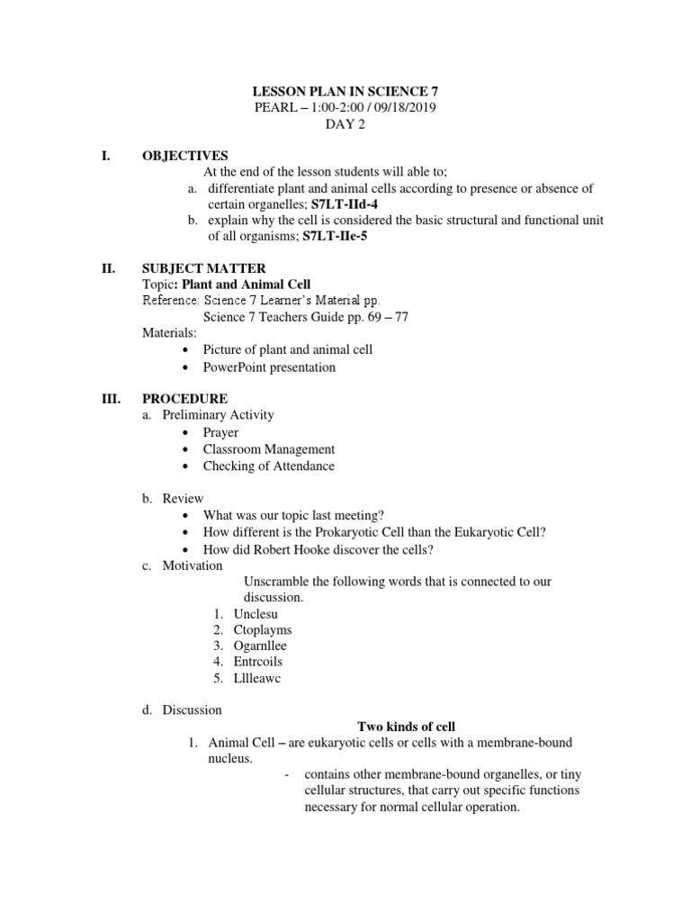 Lesson Plan On Cell Structure