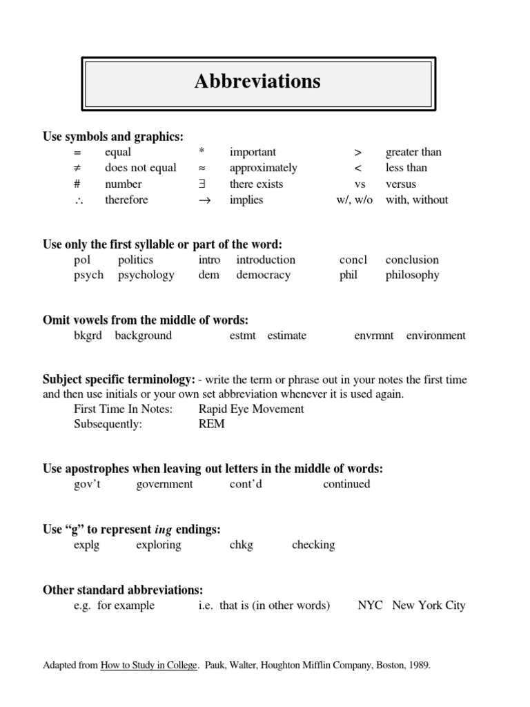 Abbreviations: Adapted From How To Study in College. Pauk, Walter ...