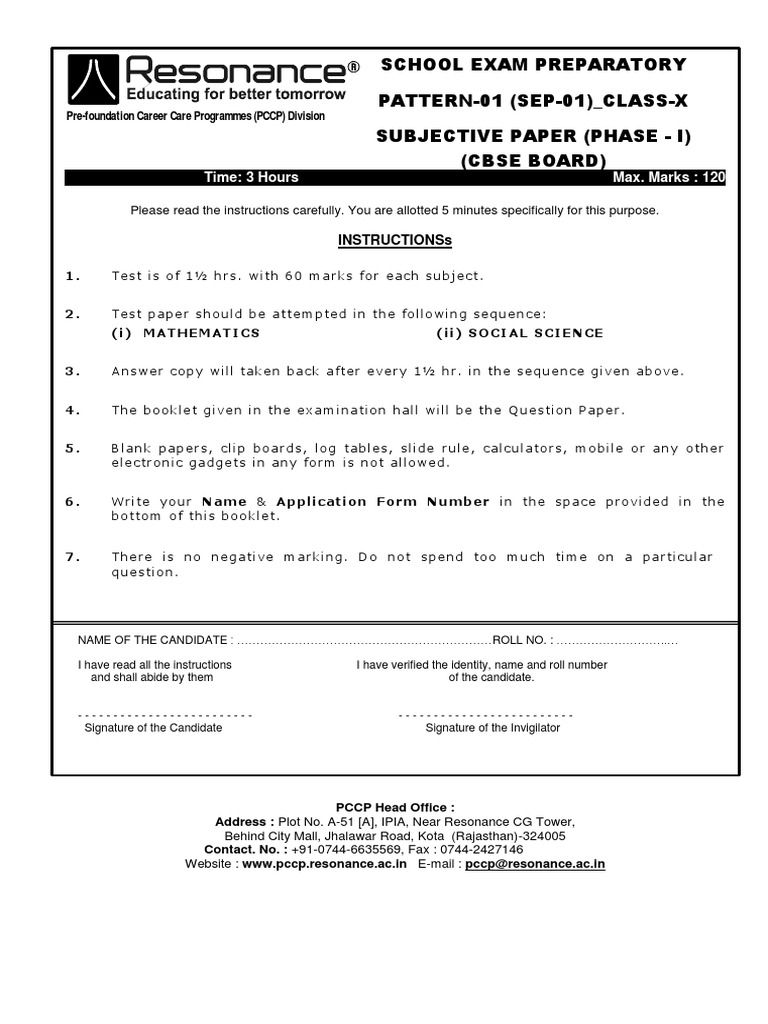 School Exam Preparatory PATTERN-01 (SEP-01) - CLASS-X Subjective Paper ...