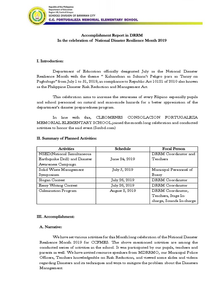 Accomplishment Report in DRRM | Disaster Risk Reduction | Risk Management