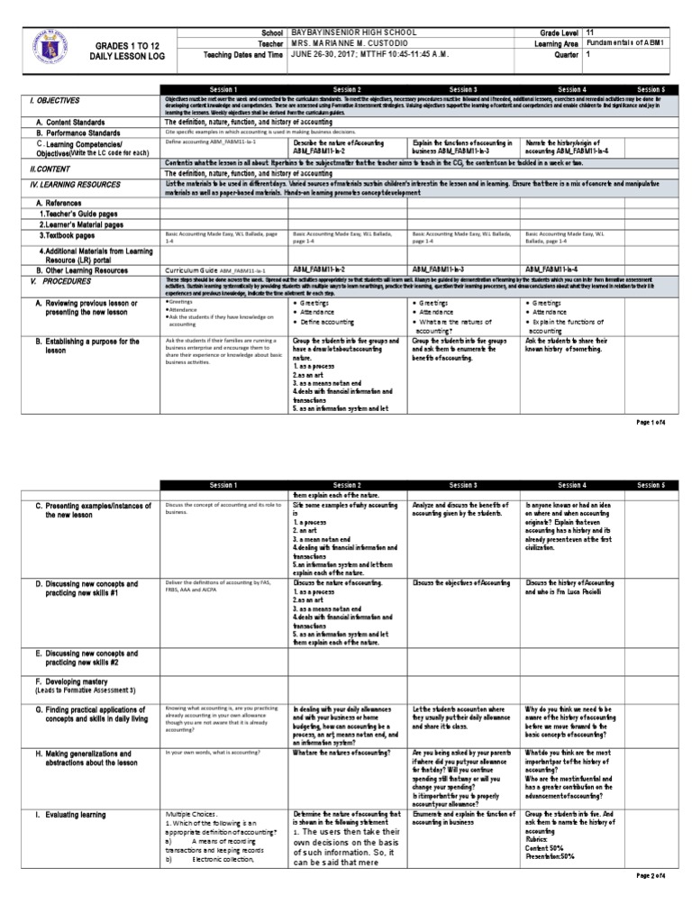 DLL Fabm1 Week 4 | PDF | Accounting | Teachers