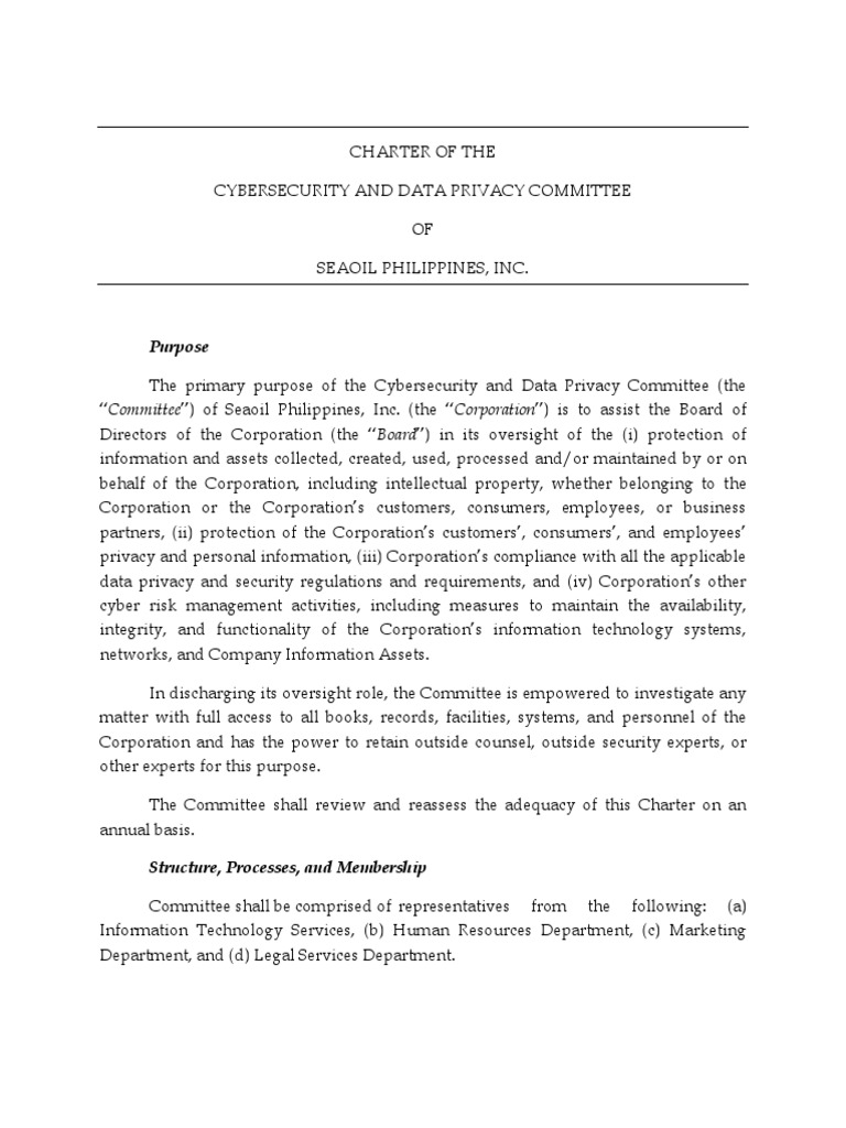 ( (Draft) ) Charter For Data Privacy and Security Committee | PDF ...