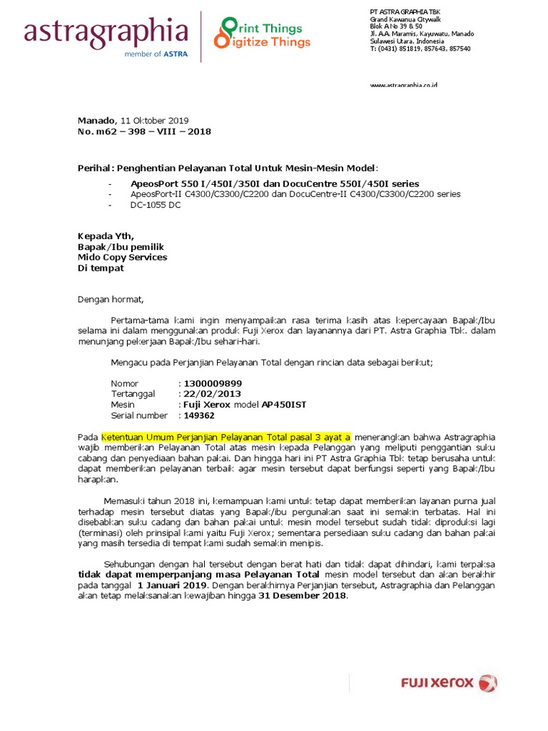 Surat Terminasi Mesin | PDF