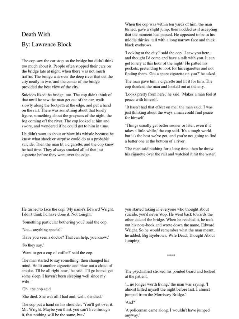 Death Wish By: Lawrence Block | PDF | Dream