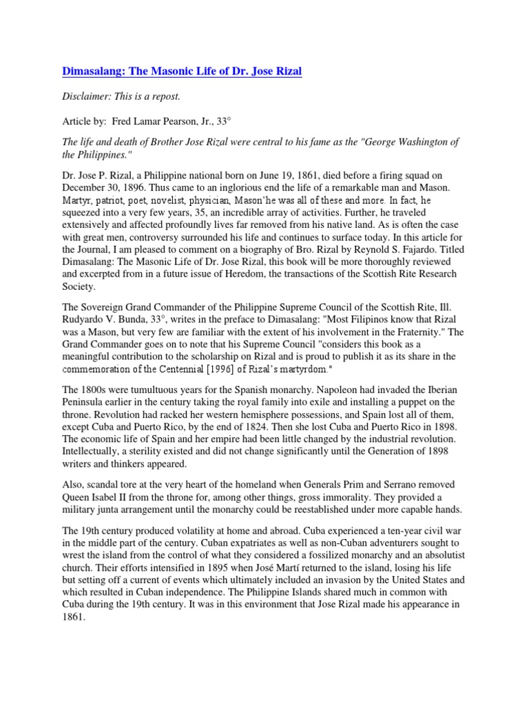 Dimasalang: The Masonic Life of Dr. Jose Rizal: Disclaimer: This Is A ...